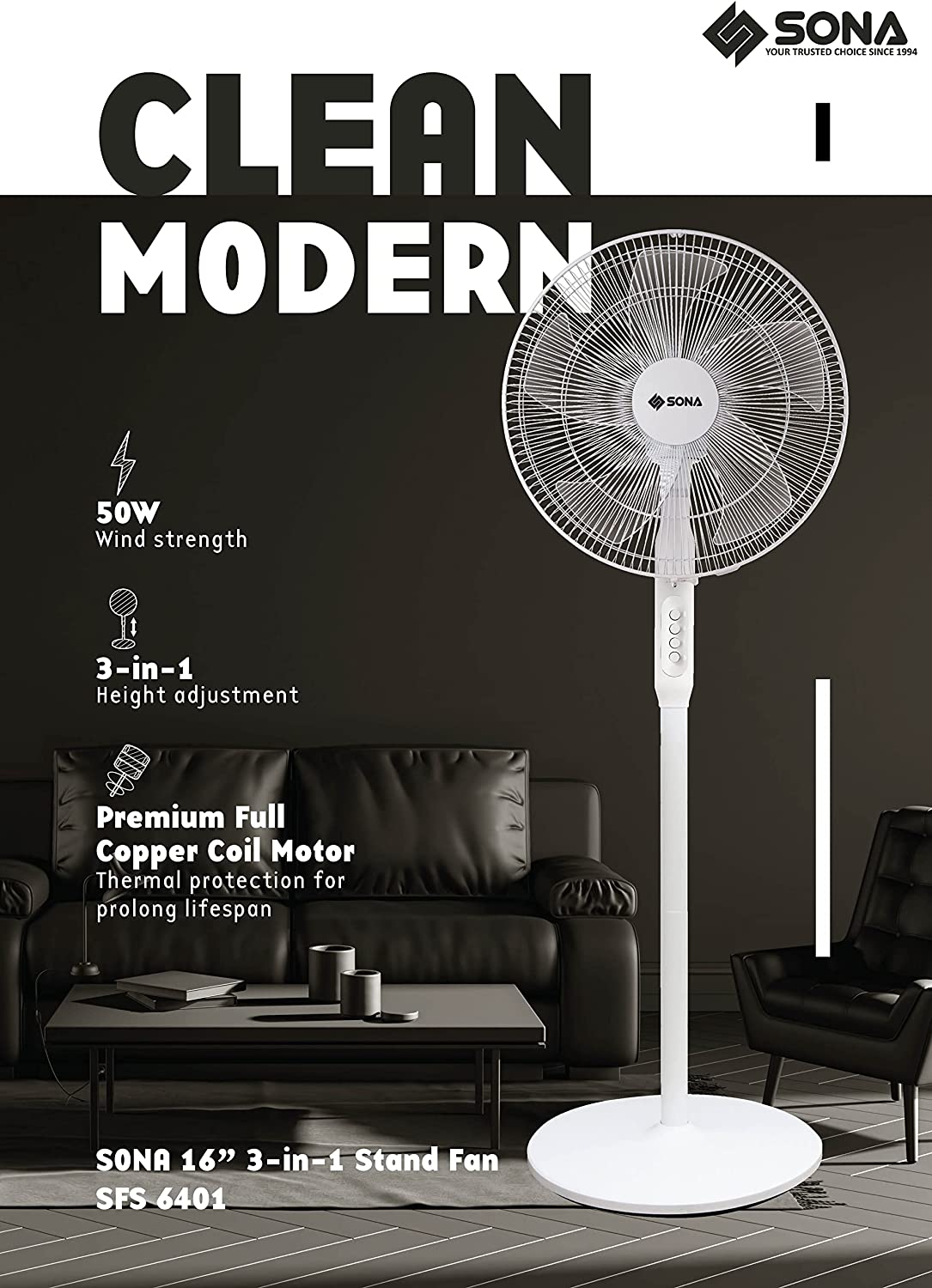 Sona SFS 6401 3-In-1 Stand Fan 16 Inch – ET SOUND ENTERPRISE PTE LTD