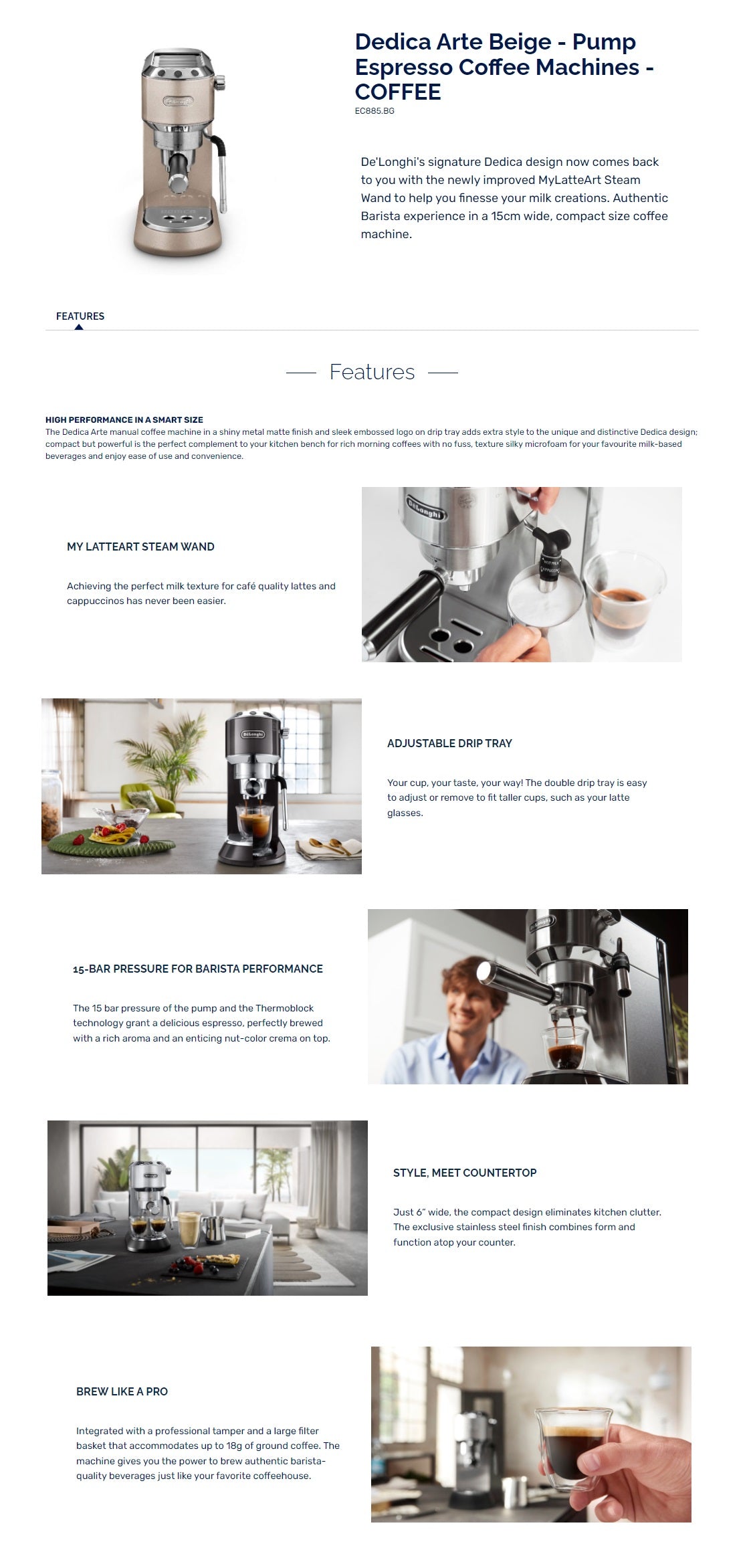 Delonghi EC885.BG Dedica Arte Beige - Pump Espresso Coffee Machine – ET ...