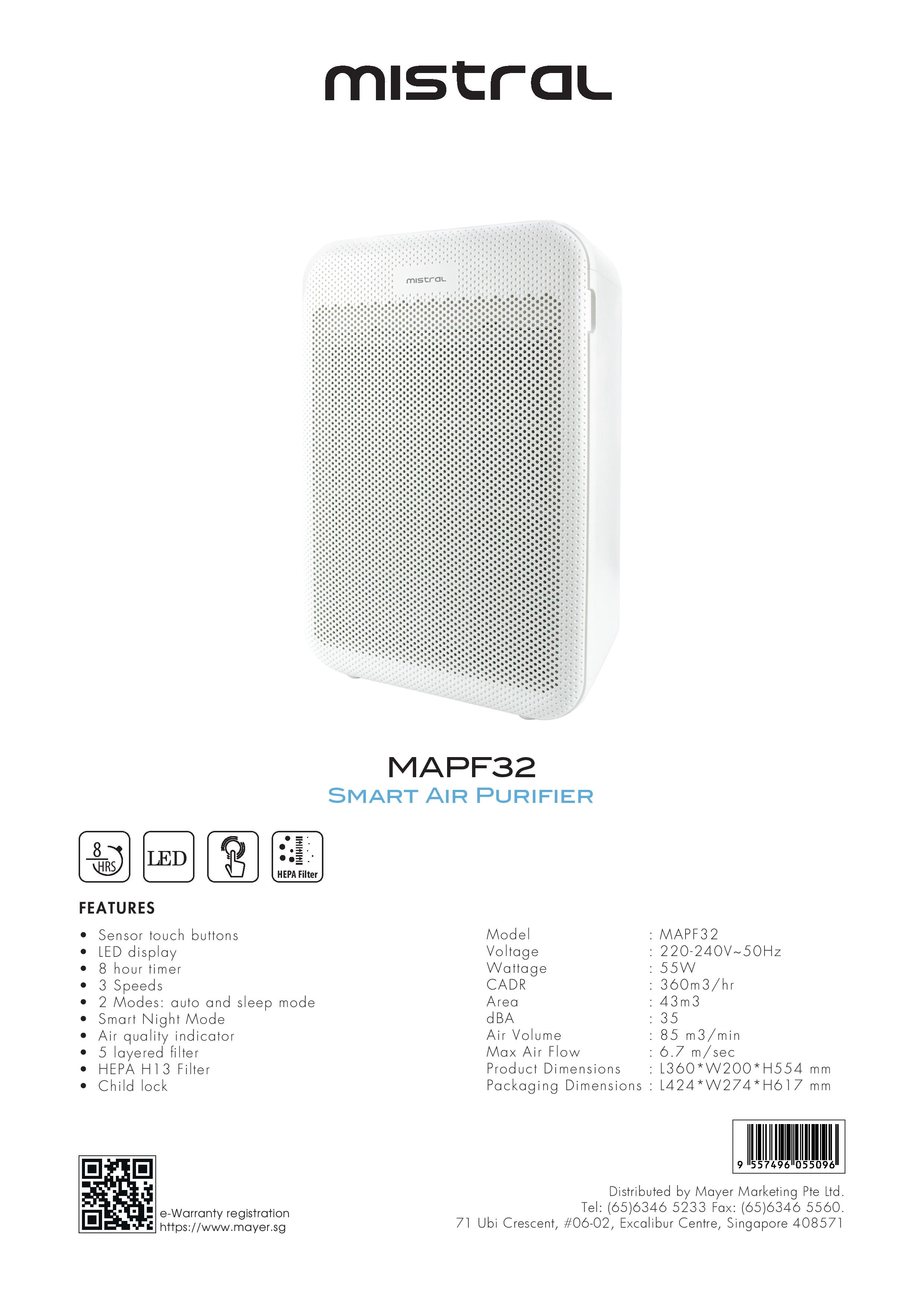 Mistral MAPF32 Smart Air Purifier 43m3 – ET SOUND ENTERPRISE PTE LTD