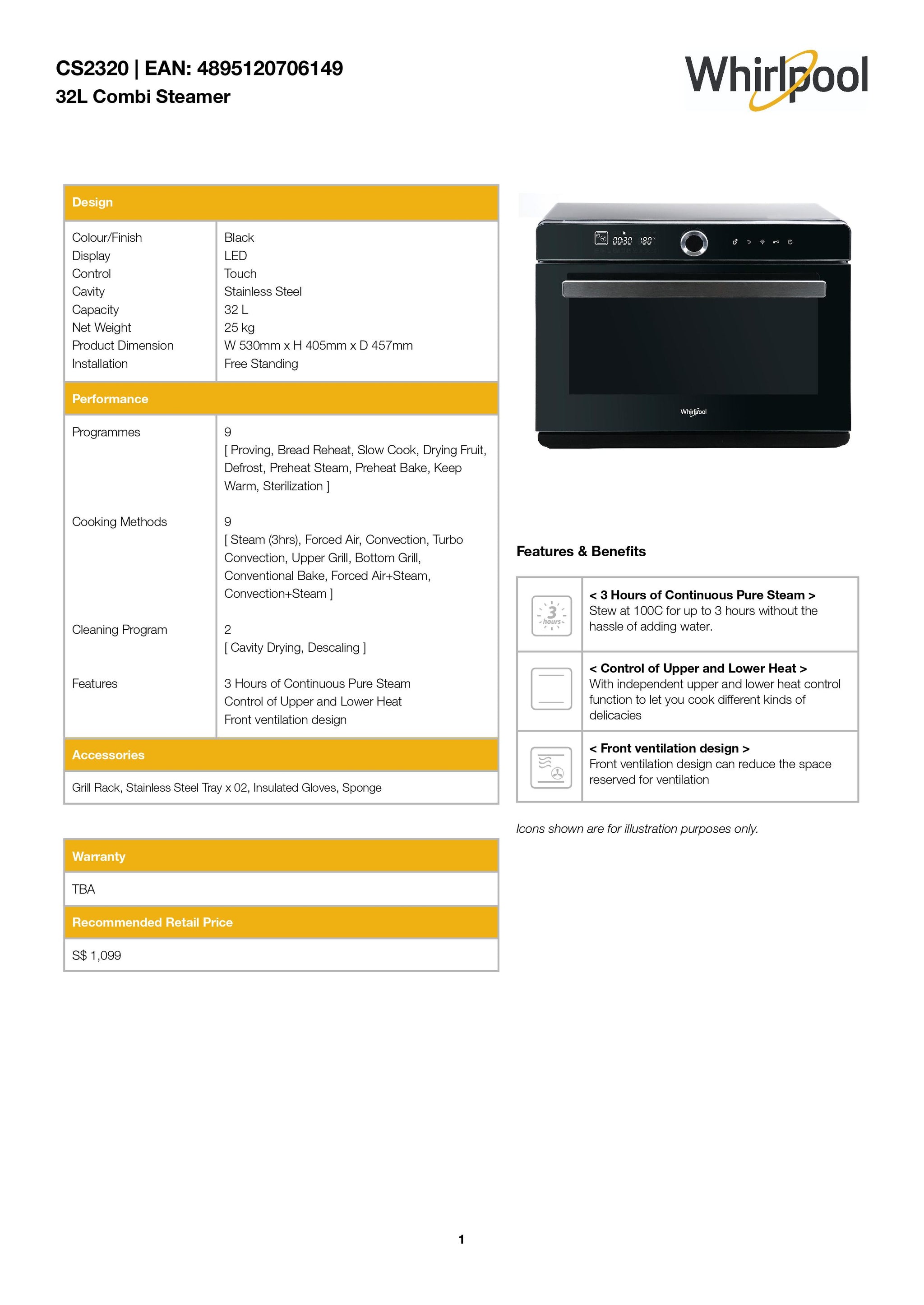 Whirlpool CS2320 Freestanding Convection Combi Steamer Oven 32L – ET SOUND ENTERPRISE PTE LTD