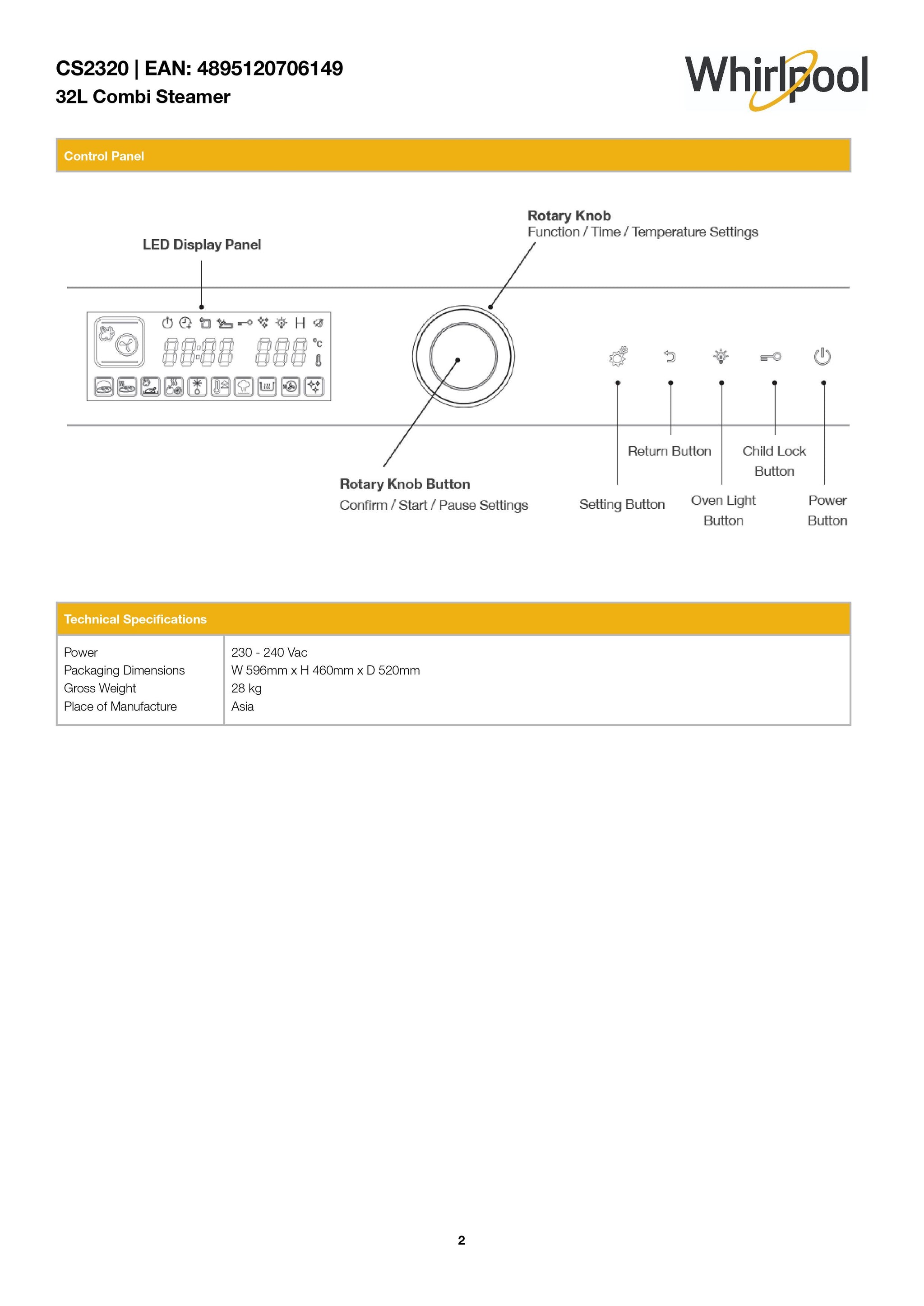 Whirlpool CS2320 Freestanding Convection Combi Steamer Oven 32L – ET SOUND ENTERPRISE PTE LTD