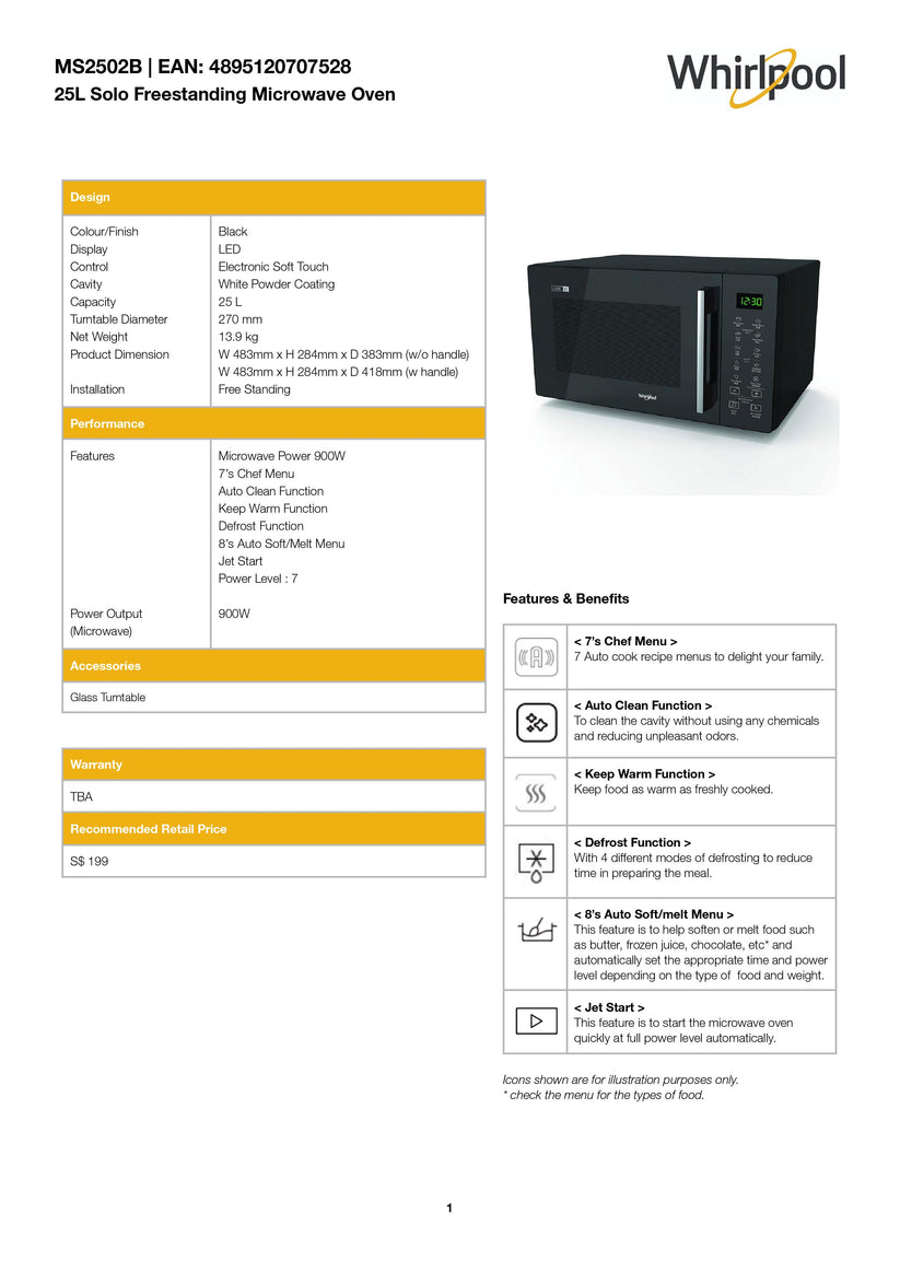 Whirlpool MS2502B Solo Freestanding Microwave Oven 25L – ET SOUND ...