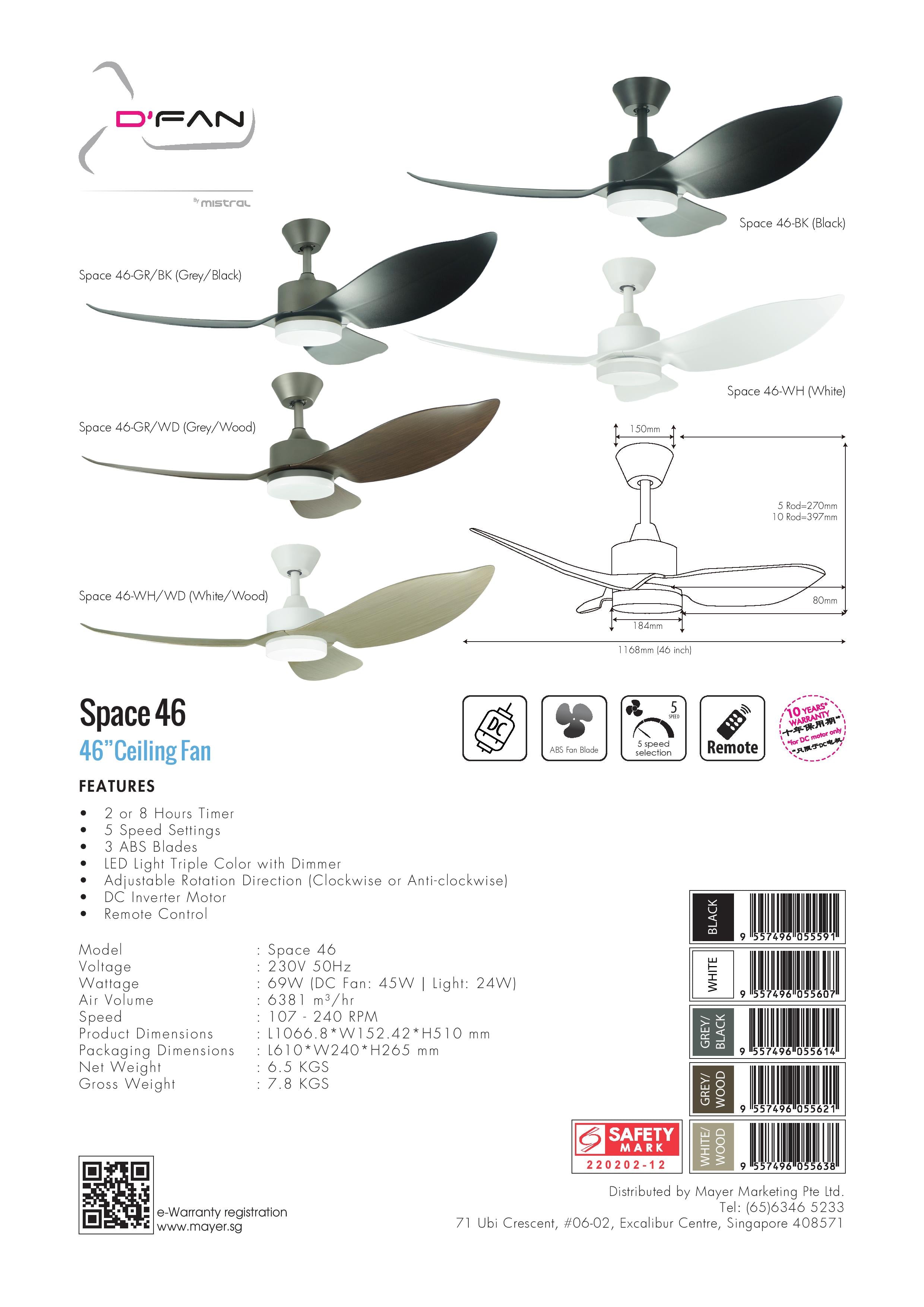 Mistral Space 46 D'Fan Ceiling Fan 46' Inch – ET SOUND ENTERPRISE PTE LTD